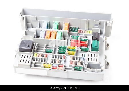 Plastic fuse box inside the engine compartment, visible fuses, relays ...