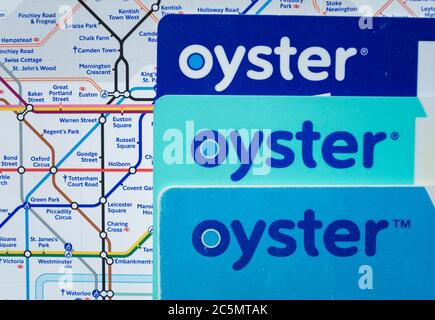 Closeup of a Transport for London (TFL) Oyster Cards sitting on top of ...