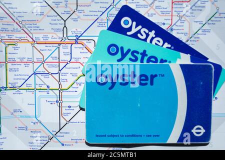 Closeup of a Transport for London (TFL) Oyster Cards sitting on top of ...