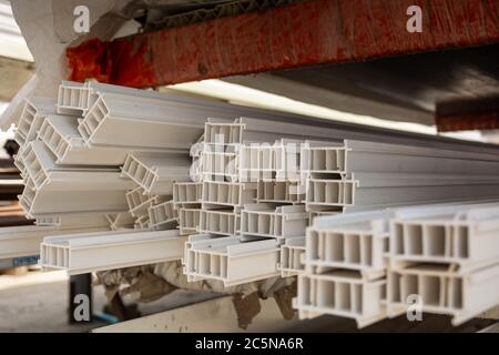 PVC plastic elements in workshop for door and window profile production ...