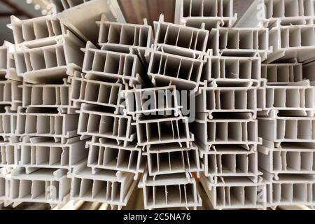 PVC plastic elements in workshop for door and window profile production ...