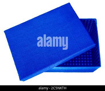 Opened blue box wrapped by burlap canvas isolated on a white background ...