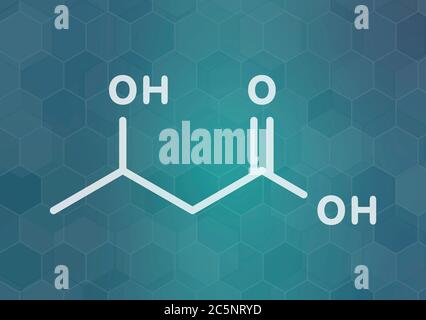 Beta-hydroxybutyric acid (beta-hydroxybutyrate) molecule. Stylized ...