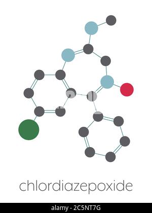 Chlordiazepoxide sedative and hypnotic drug, chemical structure. Atoms ...