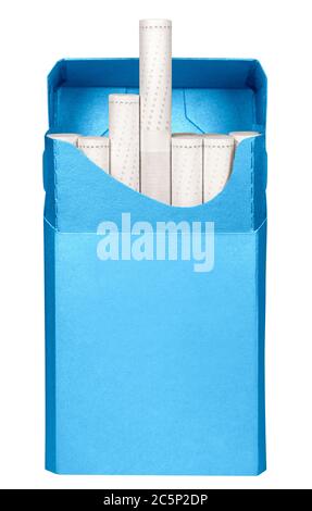 Opened light blue cigarettes pack box isolated on white. Clipping path ...