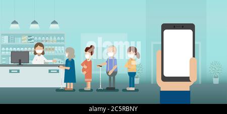 Pharmacy with pharmacist and customer queue vector illustration Stock ...