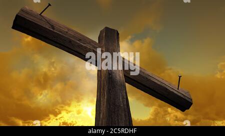 3d rendering - Wooden cross against the futuristic background Stock ...
