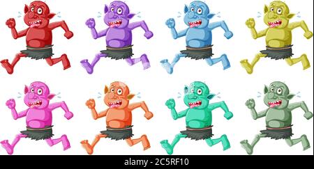 Set of colorful goblin or troll running pose with funny face in cartoon ...