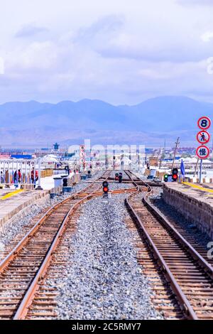 Freight train track go through Chaka Salt Lake,Qinghai province,China ...