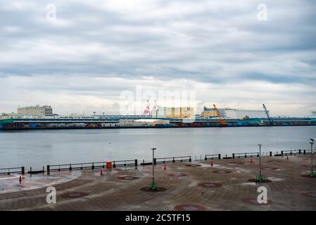 Osaka sea port at Osaka Bay, aerial view of cranes and containers ...
