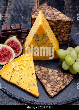 British and Irish cheeses, tasting plate with blue shropshire, brown ...
