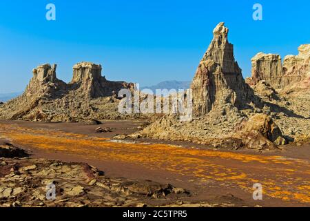 Bizarre towers and pinnacles in the salt canyon of the Dallol Volcano ...