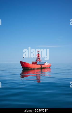 The East Goodwin Lightship, anchored near the Goodwin Sands, the great ...