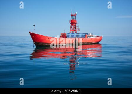 The East Goodwin Lightship, anchored near the Goodwin Sands, the great ...