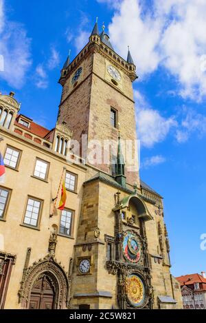 The astronomical clock and its tower, Old Town Hall in Prague. It is ...