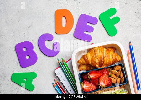 Lunch box with a sandwich croissant and fruit healthy snacks for school ...