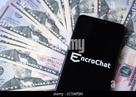 Stone / UK - July 5 2020: EncroChat logo on the smartphone and spread ...