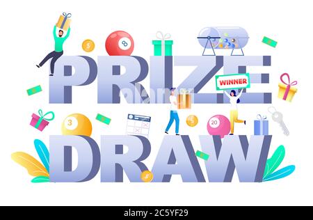 Prize draw typography vector banner template. Raffle drum, lottery ...