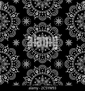 Aboriginal dot painting mandala seamless vector pattern, black bohemian Mandala vector dot art ...