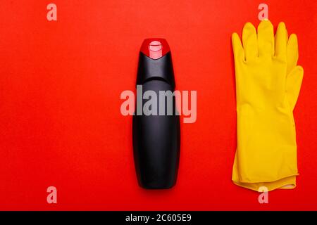 rust remover and gloves on a red background. copyspace Stock Photo - Alamy