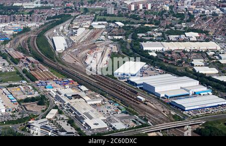An aerial photograph of Doncaster rail yards, south of the town centre ...