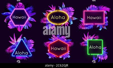 Neon aloha badges. Hawaii palm trees leaves with neon lights, summer ...