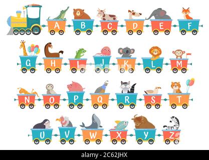 Train alphabet for kid in cartoon style. Capital letters only. Vector ...