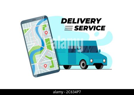 Delivery service or mobile shipping app banner. Navigation and gps in ...