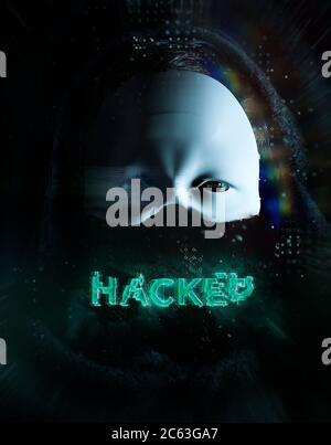 Cybersecurity, computer hacker with hoodie and obscured face, computer code overlaying image ...
