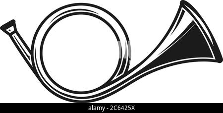 Illustration of hunting horn in engraving style. Design element for ...