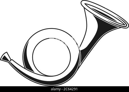 Illustration of hunting horn in engraving style. Design element for ...