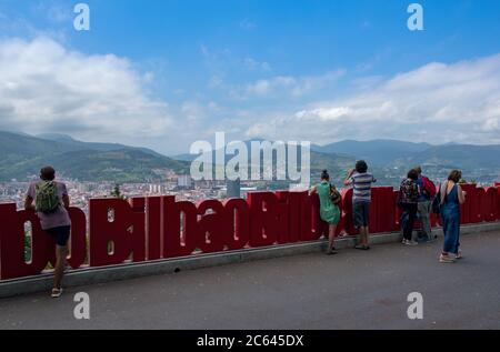 Bilbao tourist sign at Mount Artxanda viewpoint overlooking Bilbao ...