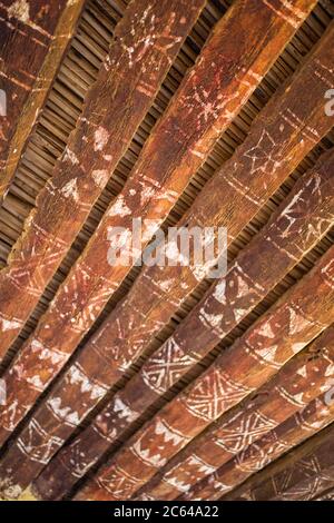 House ceiling in traditional Omani house with decorated beams and red ...