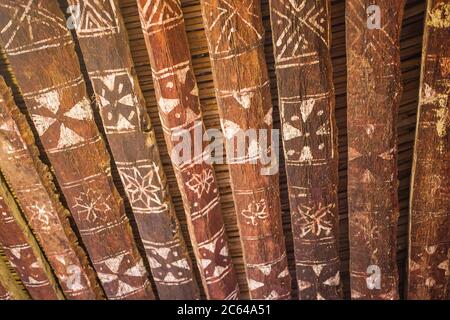 House ceiling in traditional Omani house with decorated beams and red ...