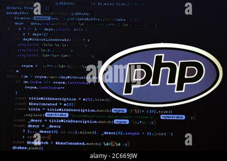 Moscow, Russia - 1 June 2020: PHP logo sign with program code on ...