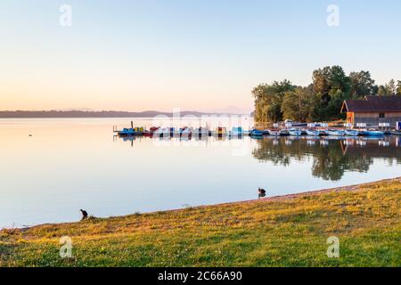 Jetty on Lake Waging, Waging am See, Upper Bavaria, Bavaria, Germany ...