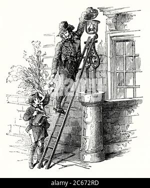 Lamp lighter with ladder and wick in front of a gas lamp, London, early ...