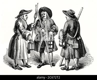 An early illustration of a city night watchmen in the days before a ...