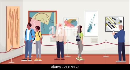 Art gallery. People watching a pictures in museum place painting ...