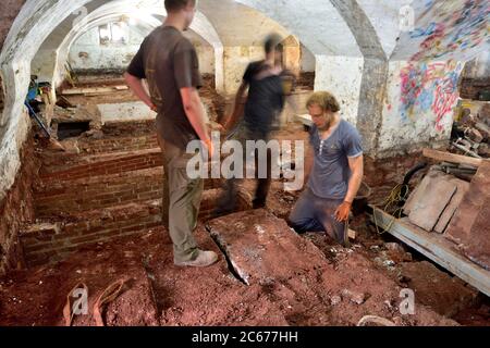 Tombs with coffin in crypt of Bristol church undergoing restoration and ...
