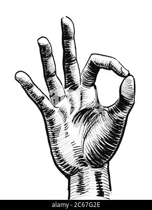 Hand making okay sign. Ink black and white drawing Stock Photo - Alamy