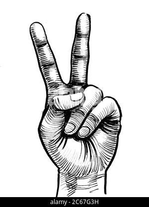 Hand showing victory sign. Ink black and white drawing Stock Photo - Alamy