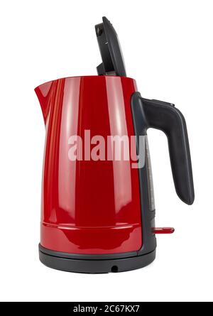 Open electric kettle side view isolated on white studio background ...