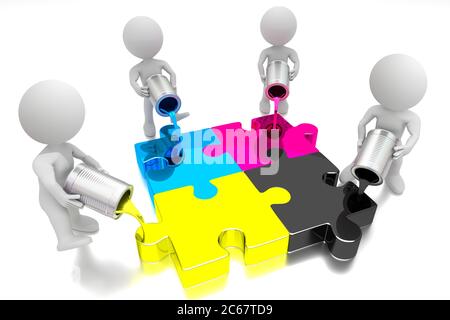 CMYK concept, cartoon characters - cyan, magenta, yellow, black - 3D ...