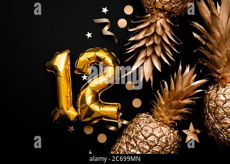 Happy 12th birthday gold balloon greeting background. 3D Rendering ...