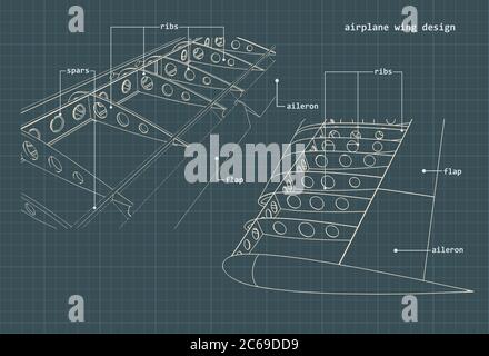 Vector illustration of drawings of the wings of an airplane and its ...