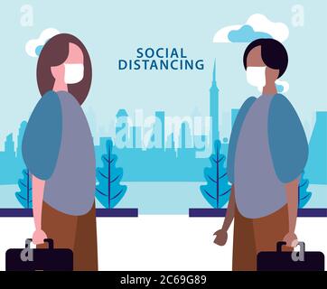 couple using face masks with social distancing for covid19 vector ...