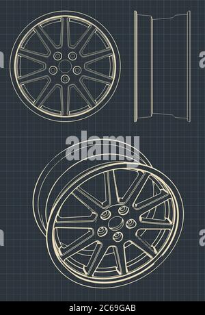 Stylized vector illustration of drawings of alloy wheels blueprints ...