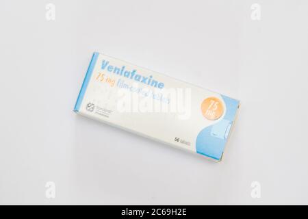 Box of Venlafaxine tablets, an antidepressant medication of the ...