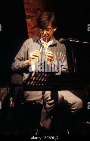 Simon Jeffes from the Penguin Cafe Orchestra doing a sound check at the ...